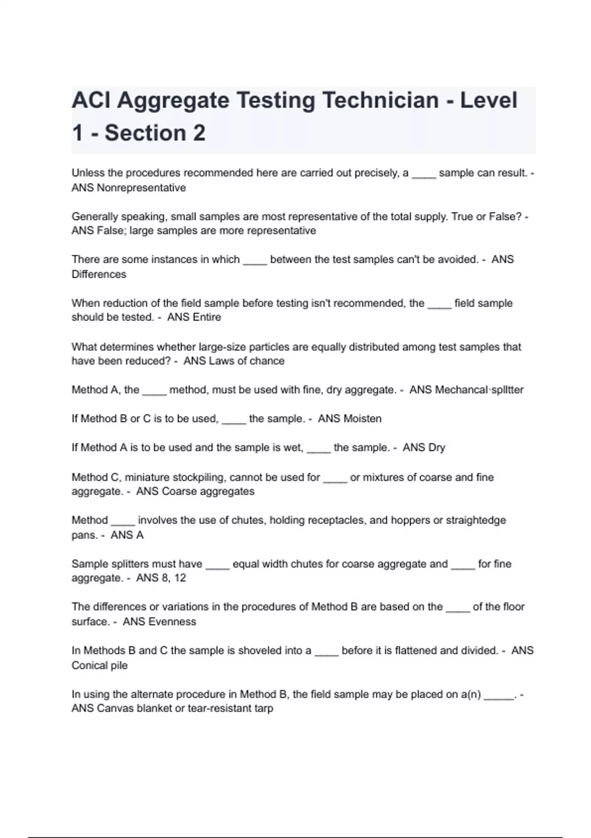 ACI Aggregate Testing Technician - Level 1 - Section 2 Exam Questions ...