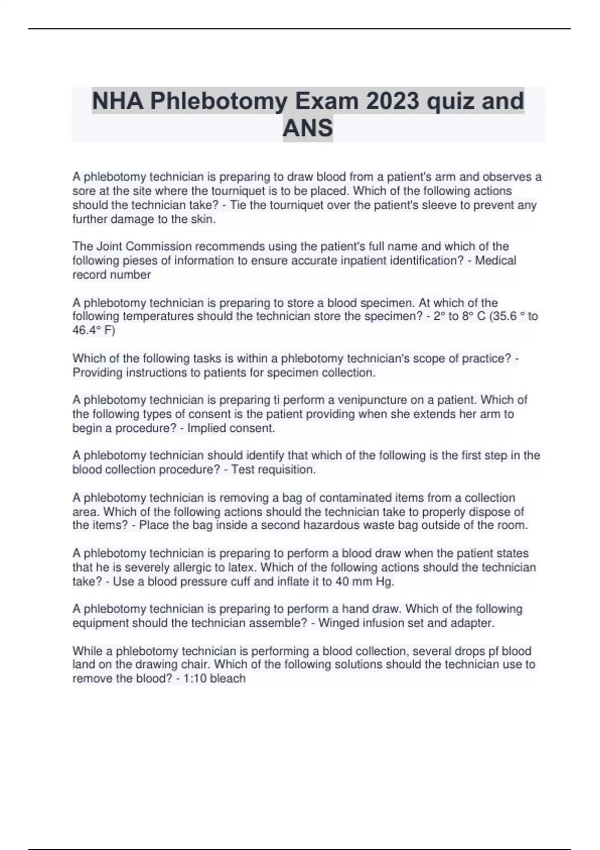 NHA Phlebotomy Exam 2023 quiz and ANS - NHA Phlebotomy - Stuvia US
