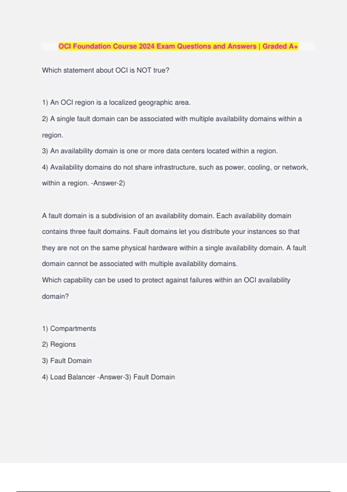 OCI Foundation Course 2024 Exam Questions and Answers | Graded A+ - OCI ...