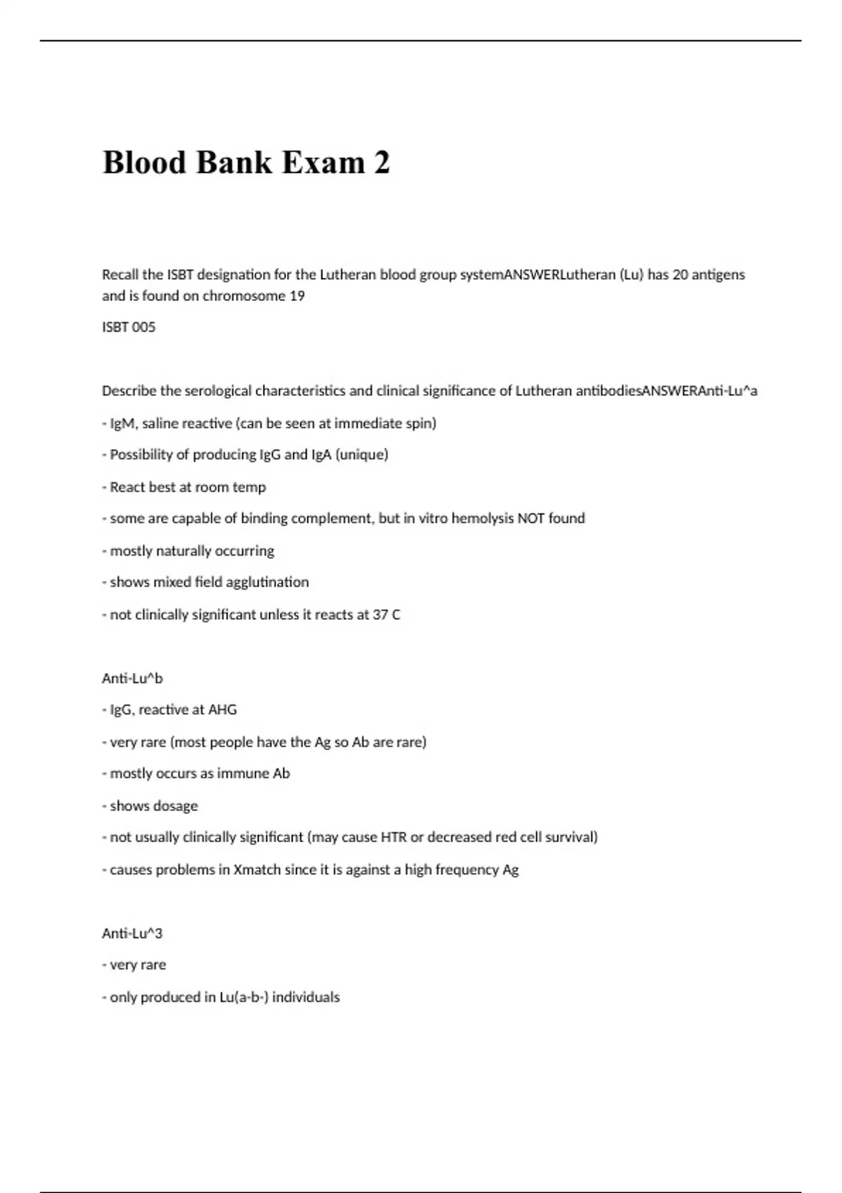 Blood Bank Exam 2 Questions and Answers 2024 - Blood Bank - Stuvia US