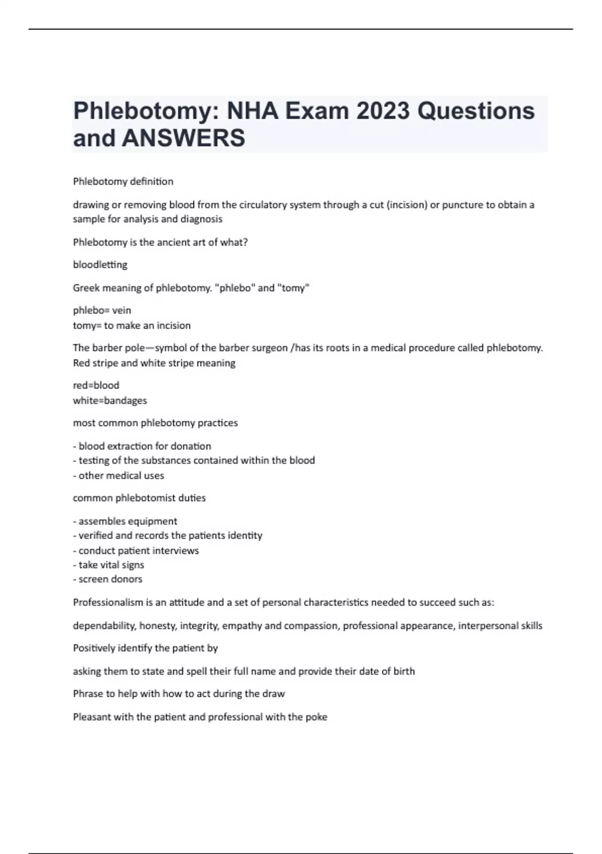 Phlebotomy: NHA Exam 2023 Questions and ANSWERS - Phlebotomy - Stuvia US