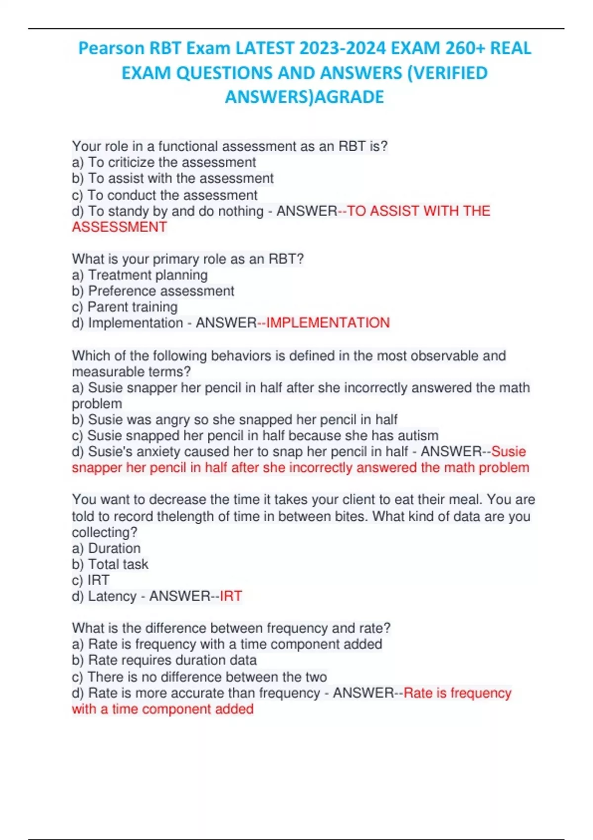 Pearson RBT Exam LATEST EXAM 260+ REAL EXAM QUESTIONS AND ANSWERS ...