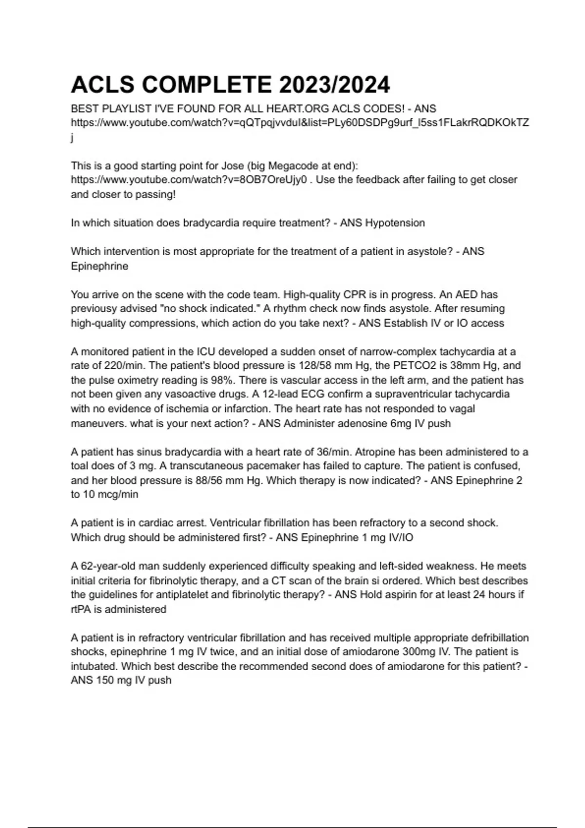 ACLS COMPLETE 2023/2024 - Acls - Stuvia US