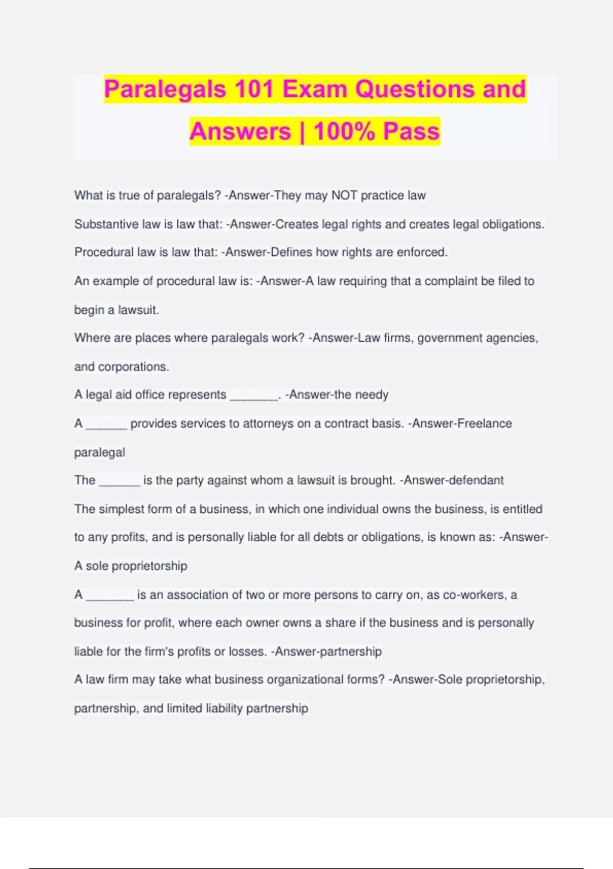 Paralegals 101 Exam Questions and Answers | 100% Pass - Paralegal ...