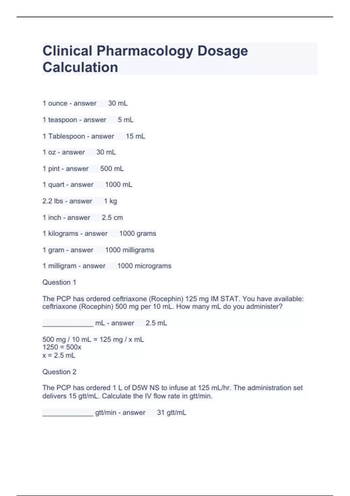Clinical Pharmacology Dosage Calculation Questions and Answers 2024 ...