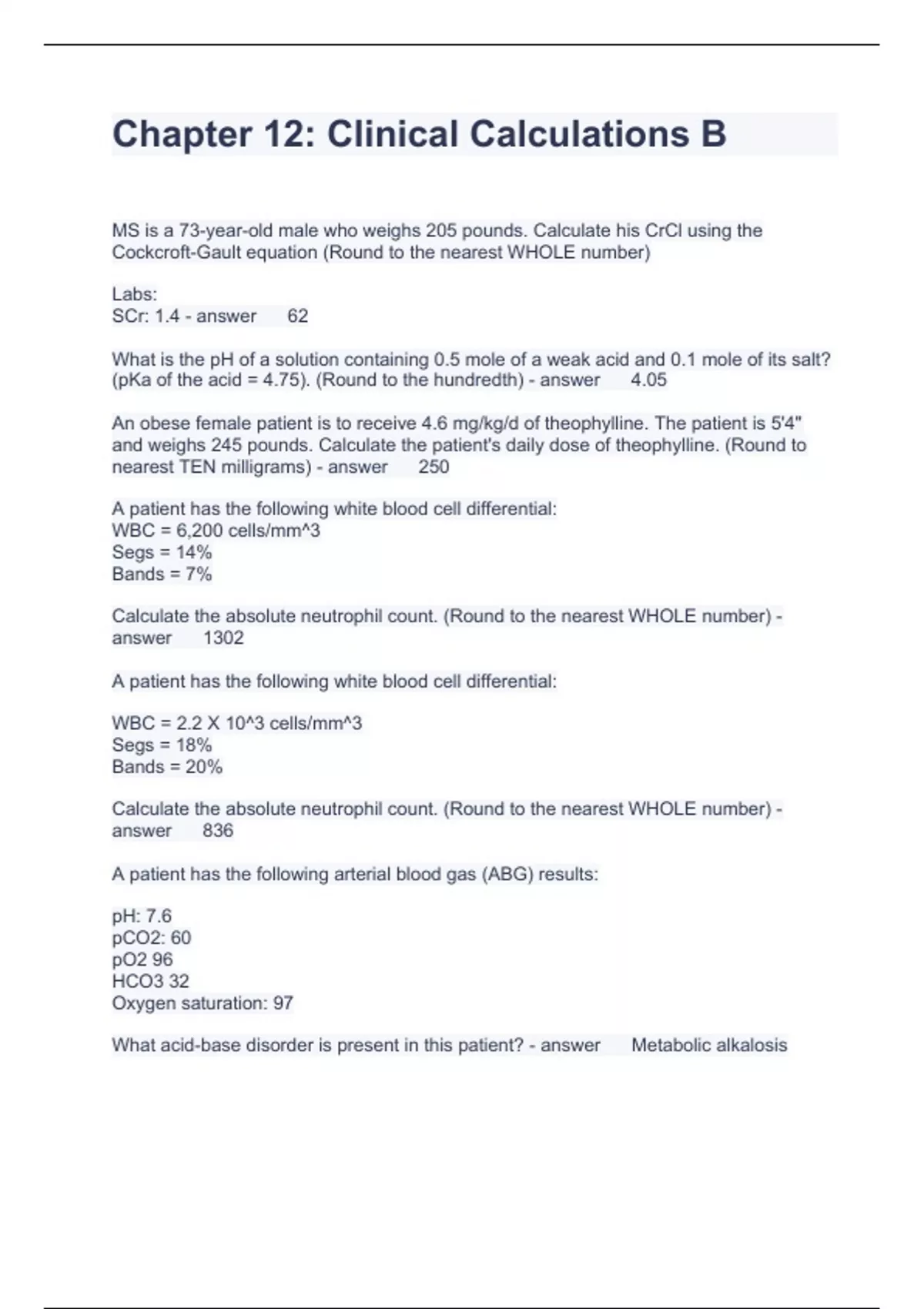 Chapter 12 B Questions and Answers 100% correct - Clinical calculations ...