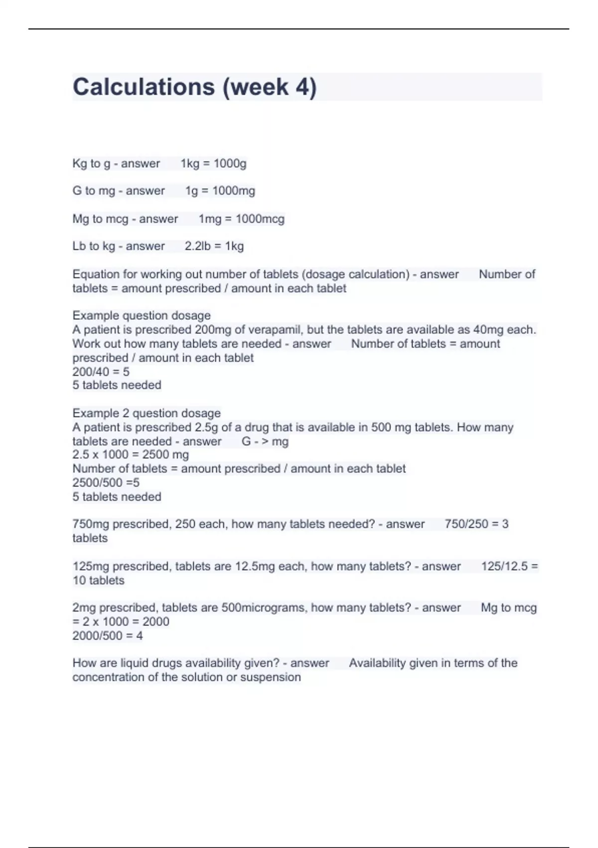 Calculations (week 4) Questions with Accurate Answers 2024 - Clinical ...