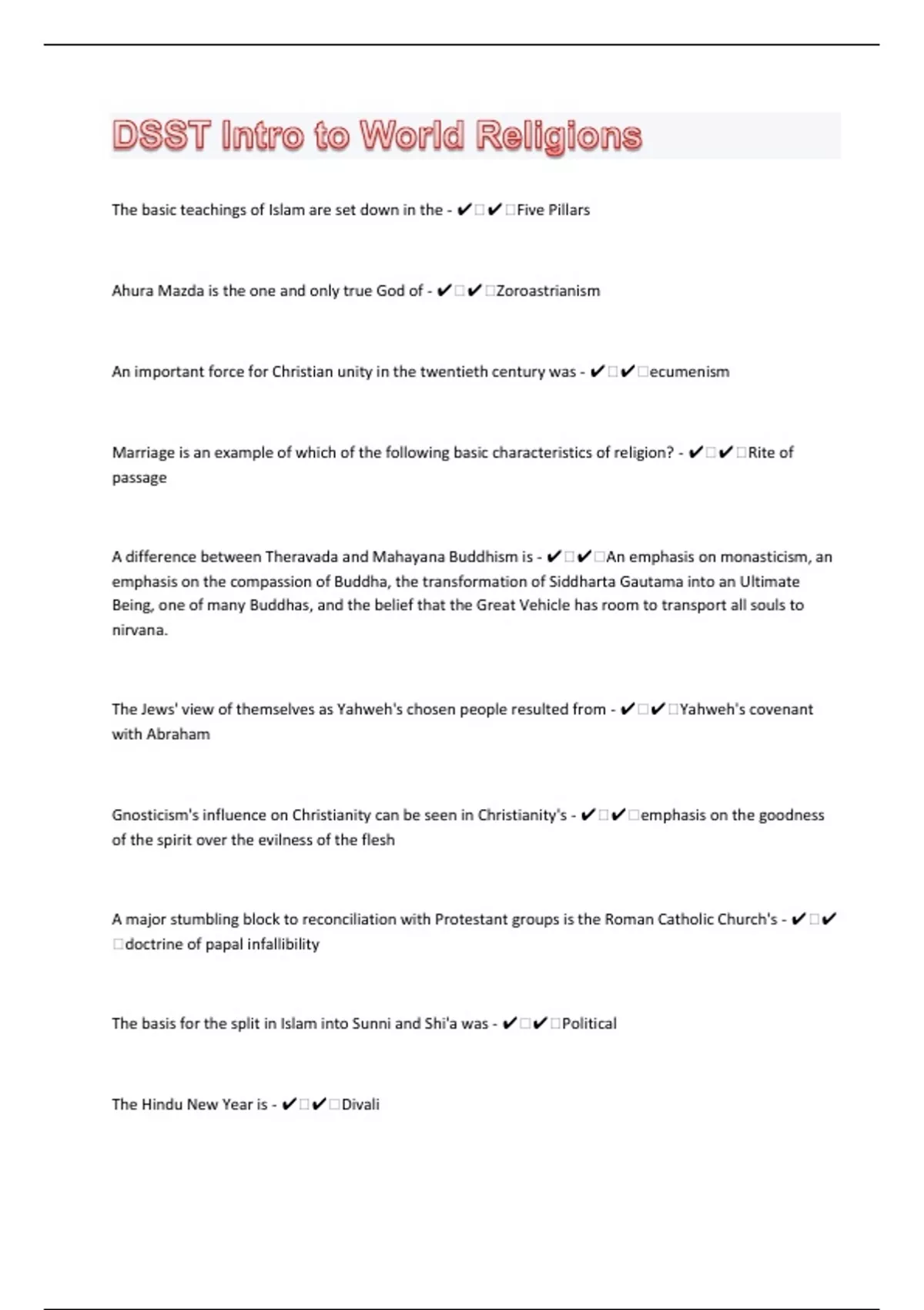 DSST Intro to World Religions 300 Questions with 100% Correct Answers ...