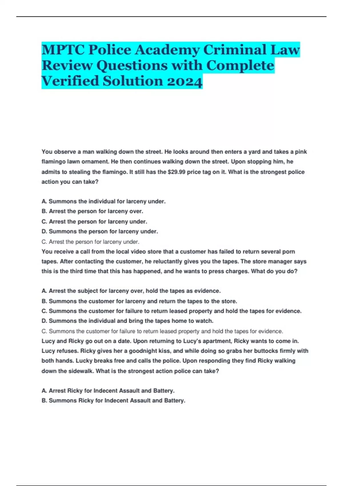 MPTC Police Academy Criminal Law Review Questions with Complete ...