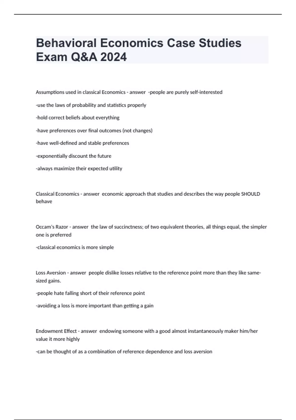 Behavioral Economics Case Studies Exam Q&A 2024 - Behavioral Economics ...