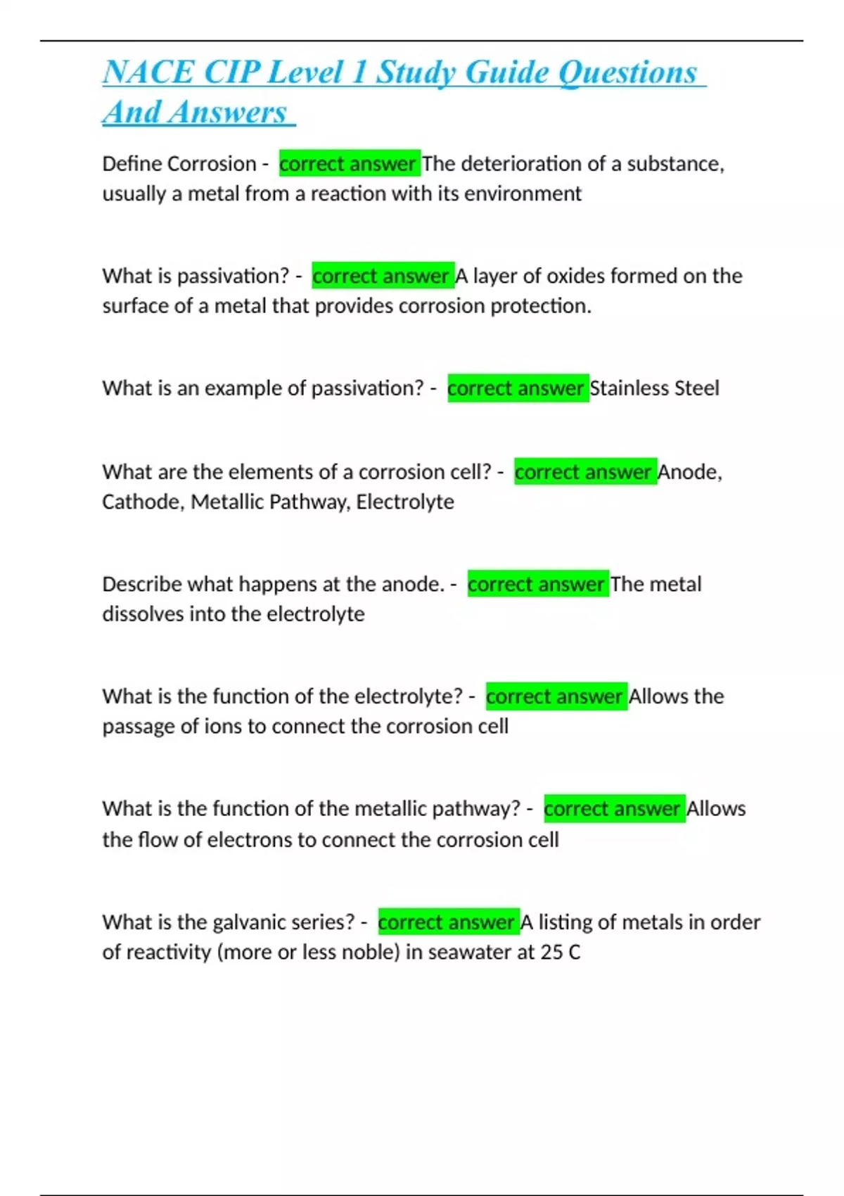 NACE CIP Level 1 Study Guide Questions And Answers - NACE CIP Level 1 ...