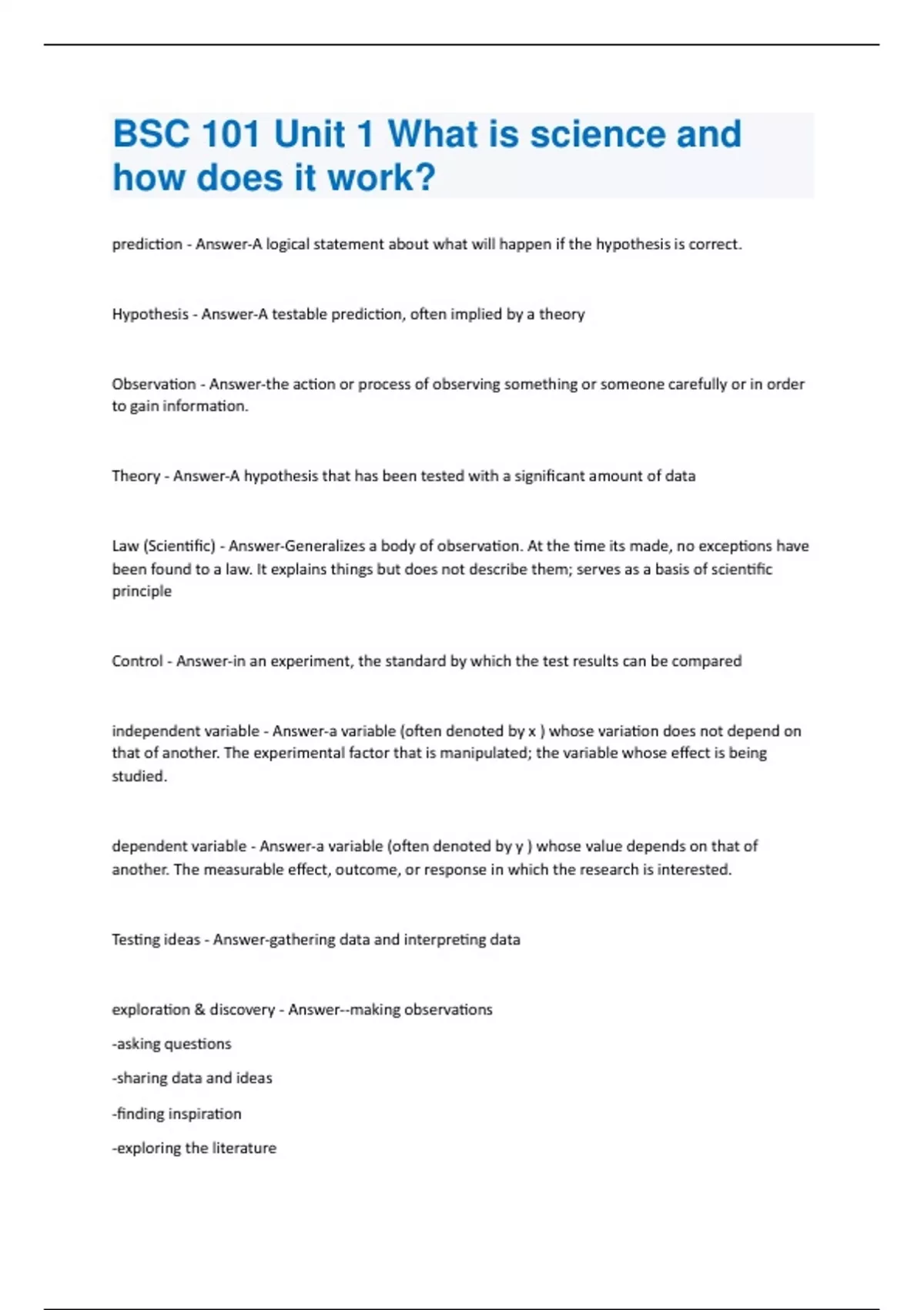 BSC 101 Unit 1: What is science and how does it work? Questions and Answers with complete - BSC ...