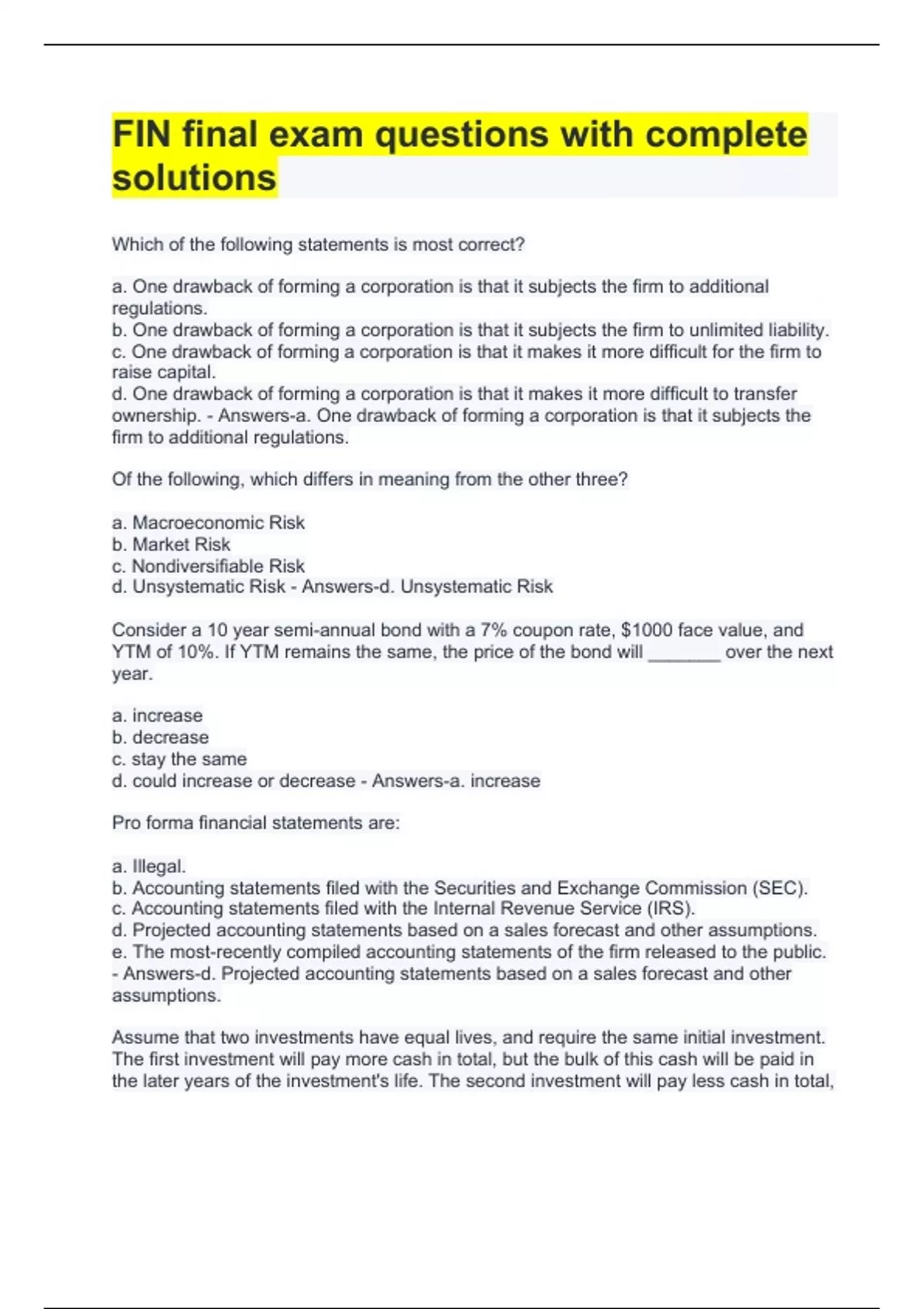 FIN final exam questions with complete solutions - FIN - Stuvia US