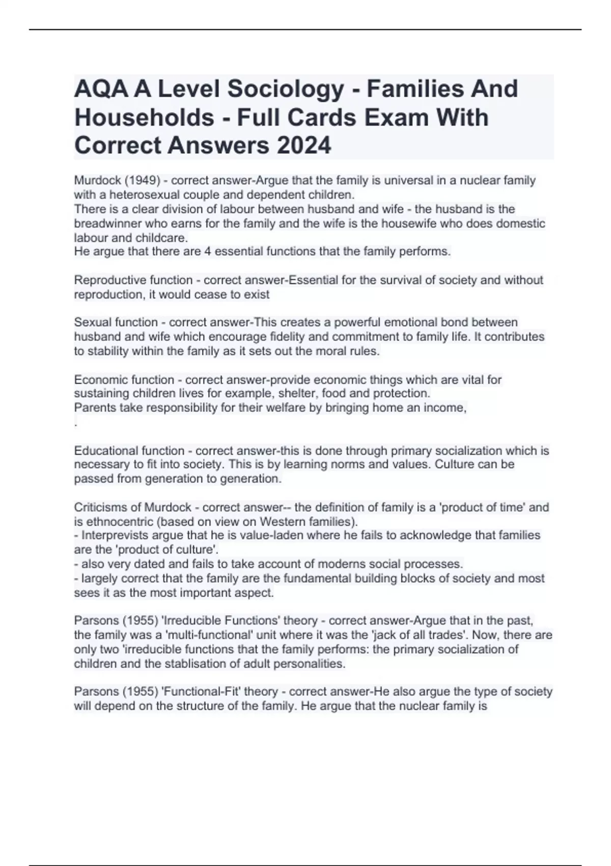 AQA A Level Sociology - Families And Households - Full Cards Exam With ...