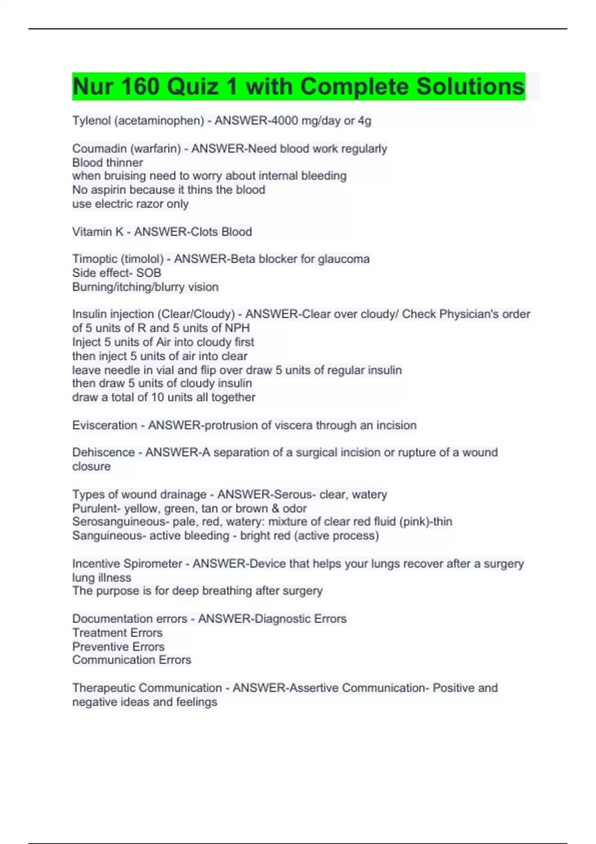 Nur 160 Quiz 1 with Complete Solutions - Nur 160 - Stuvia US