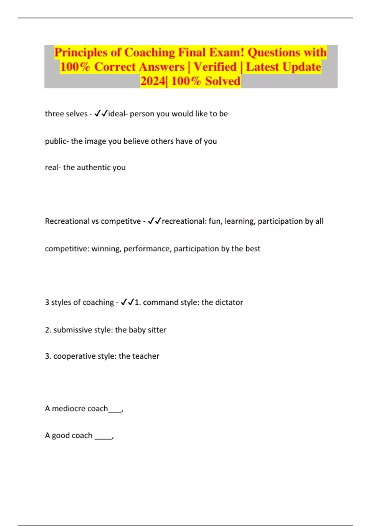 Principles of Coaching Final Exam! Questions with 100% Correct Answers ...