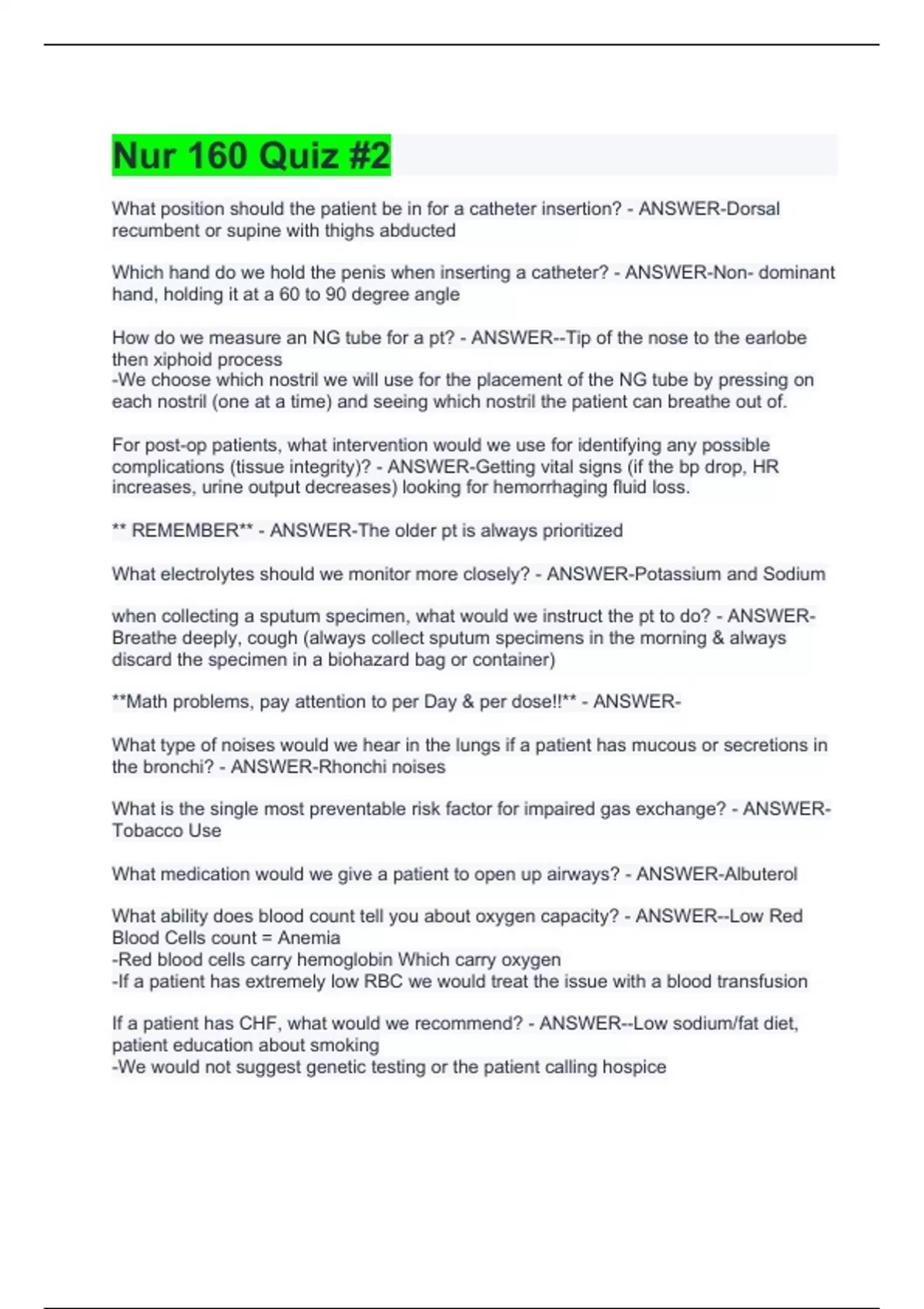 Nur 160 Quiz #2 - Nur 160 - Stuvia US