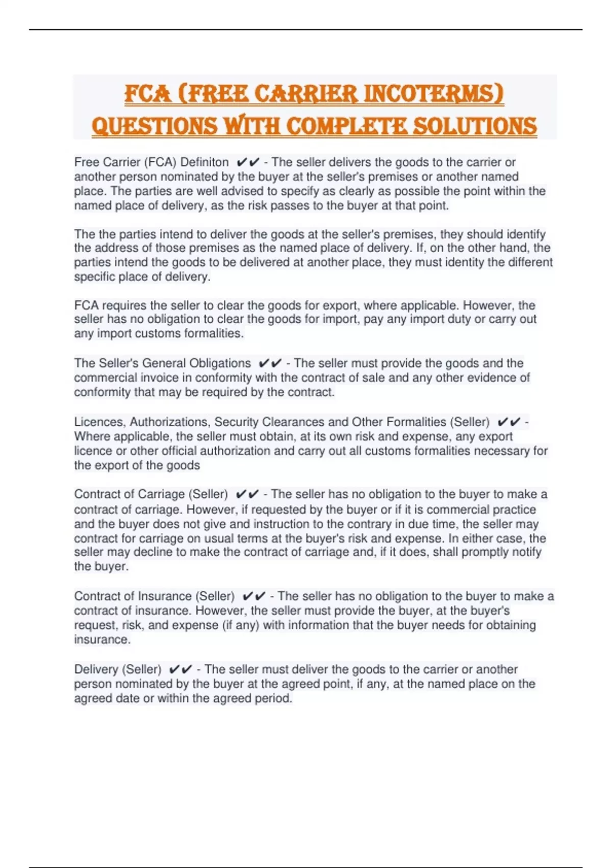 FCA (Free Carrier IncoTerms) Questions With Complete Solutions - FCA ...