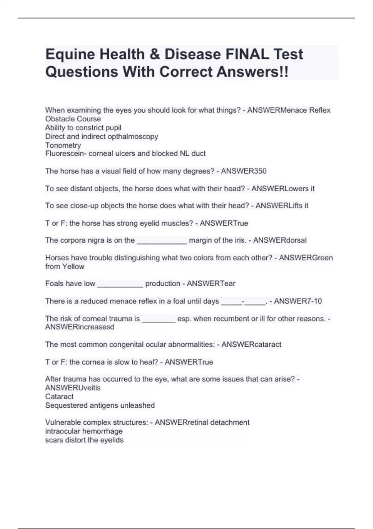 Equine Health & Disease FINAL Test Questions With Correct Answers ...