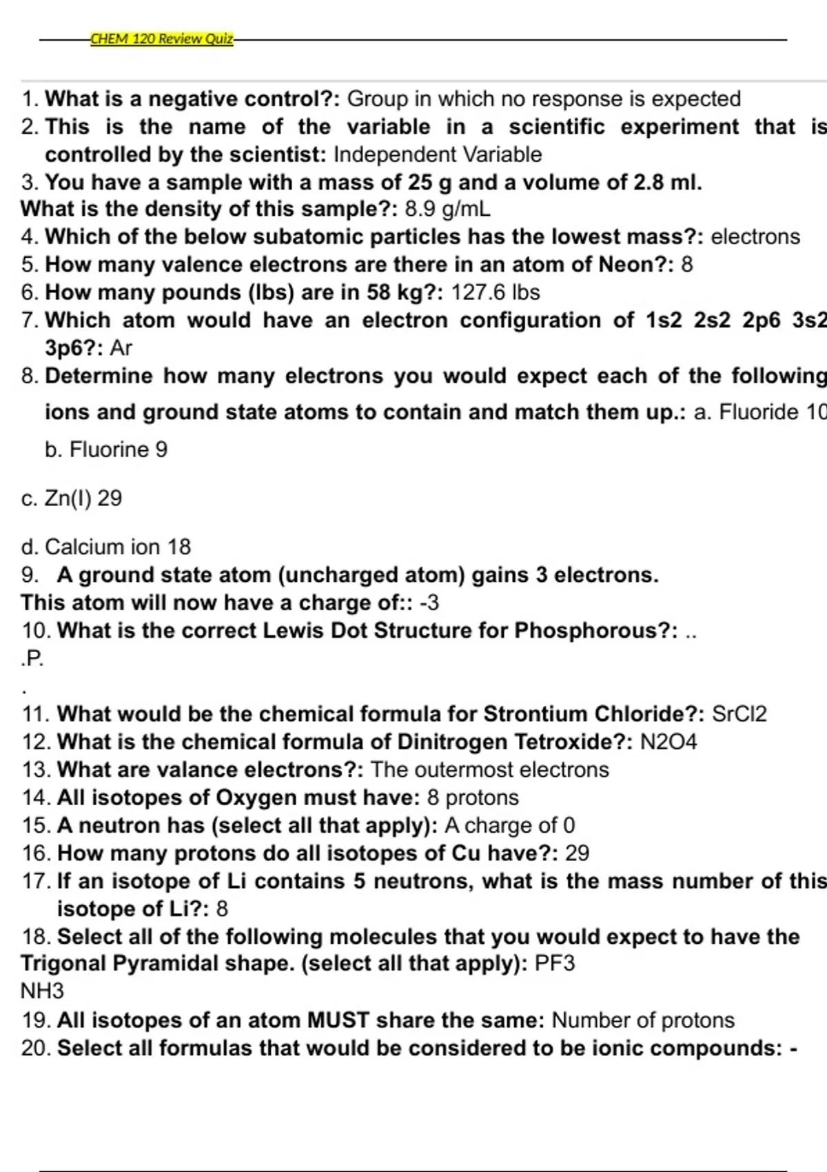 CHEM 120 Unit 1 Quiz Quiz Questions and Answers (Download To Score An A ...