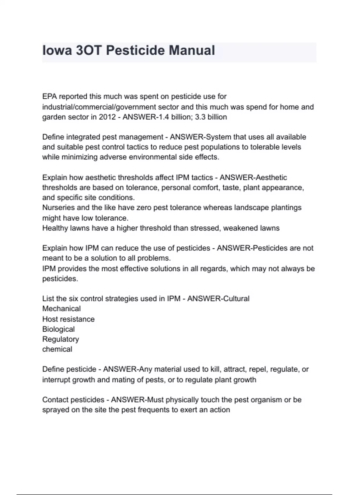 Iowa 3OT Pesticide Manual questions with complete solution - Iowa 3OT Pesticide Manual - Stuvia US