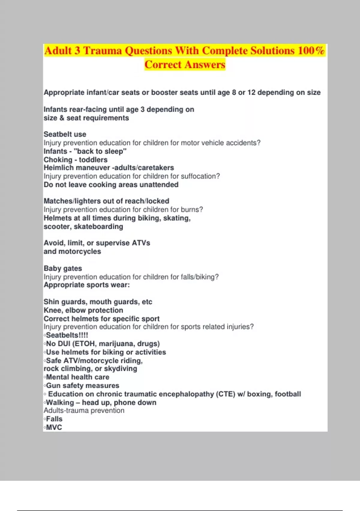 Adult 3 Trauma Questions With Complete Solutions 100% Correct Answers ...