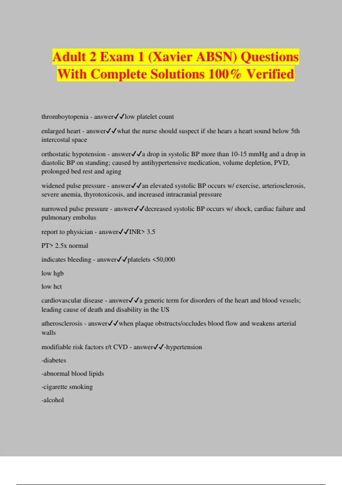 Adult 2 Exam 1 (Xavier ABSN) Questions With Complete Solutions 100% ...