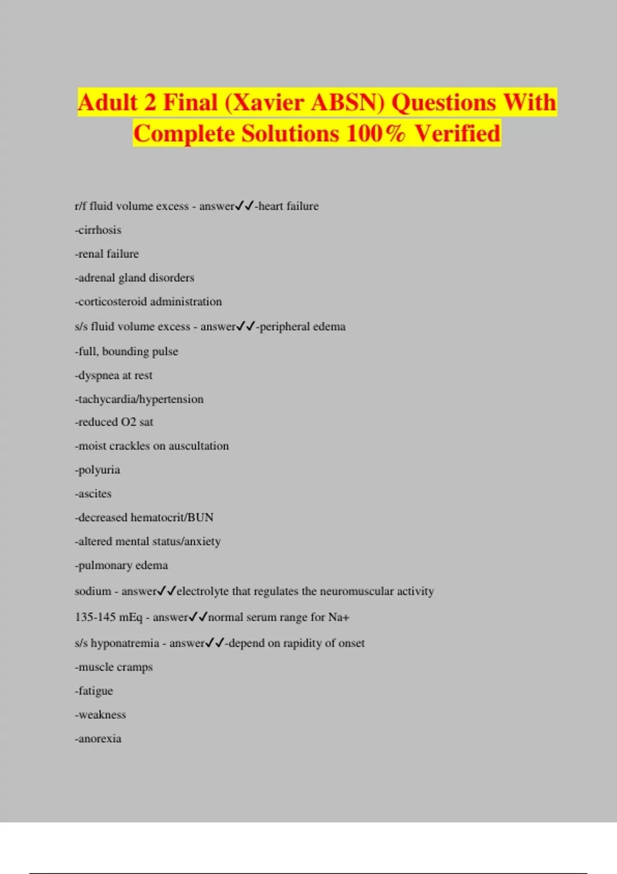 Adult 2 Final (Xavier ABSN) Questions With Complete Solutions 100% ...