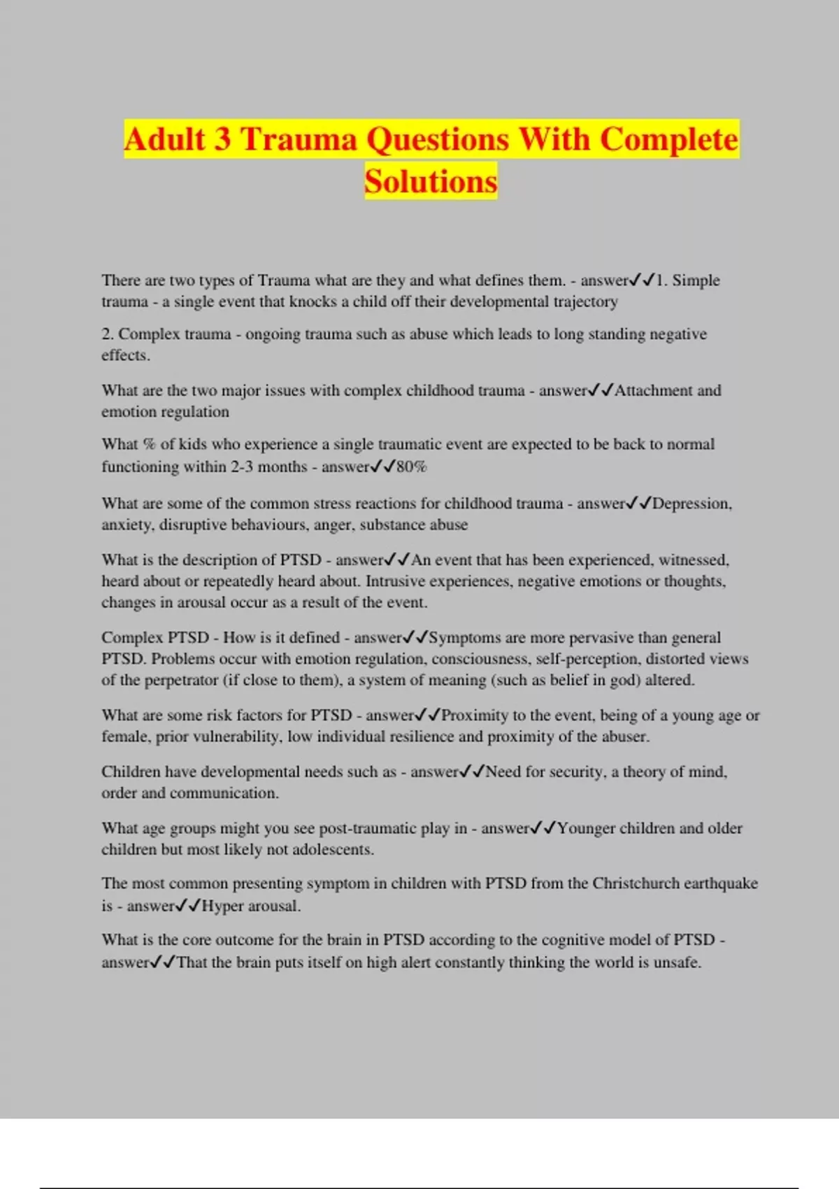 Adult 3 Trauma Questions With Complete Solutions - Adult - Stuvia US