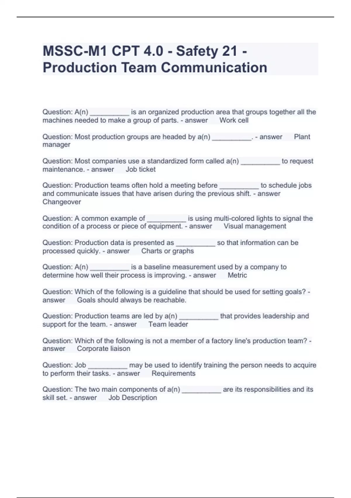 MSSC-M1 CPT 4.0 - Safety 21 - Production Team Communication Questions ...