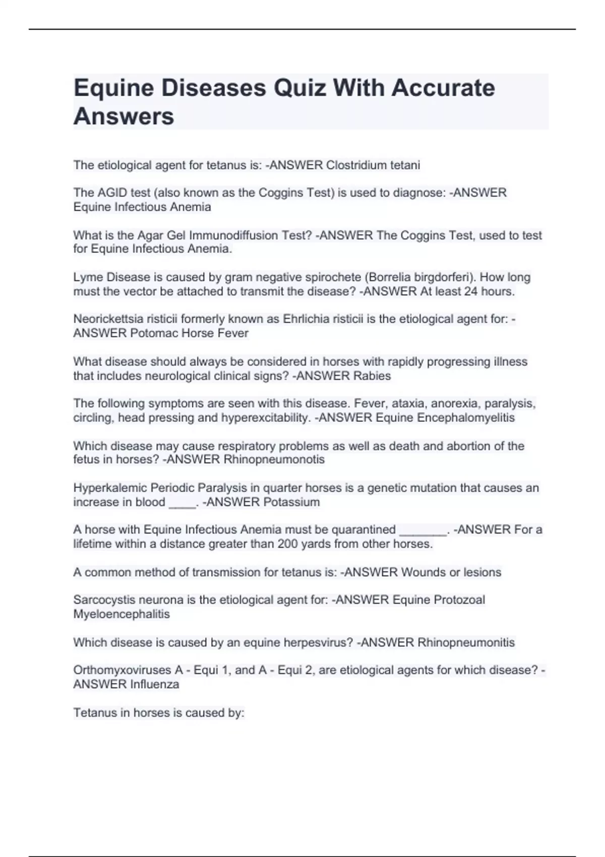 Equine Diseases Quiz With Accurate Answers - Equine Diseases - Stuvia US