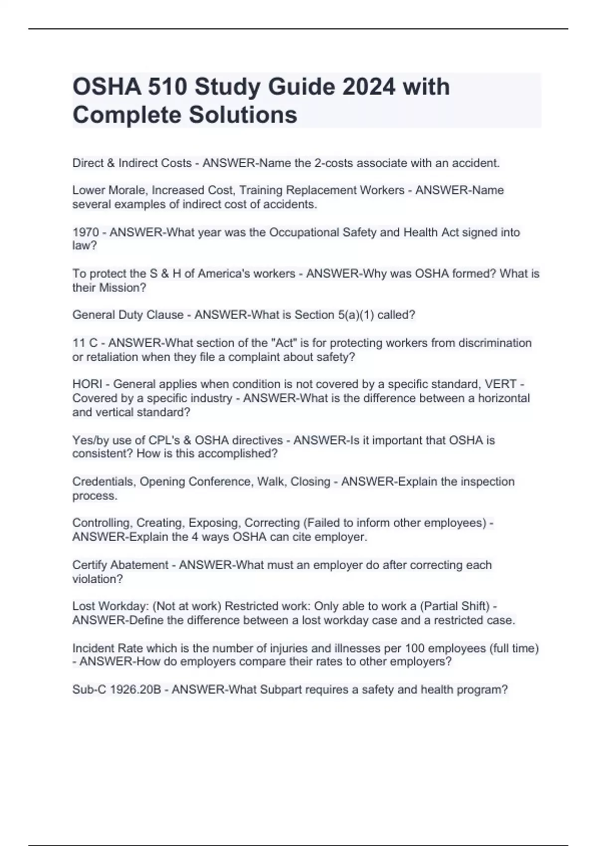 OSHA 510 Study Guide 2024 with Complete Solutions - OSHA 510 - Stuvia US