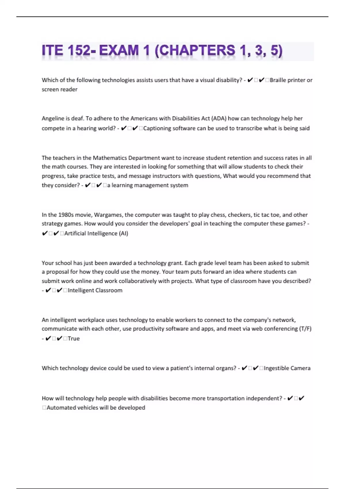 ITE 152- Exam 1 (Chapters 1, 3, 5) 144 Questions and Answers New Year ...