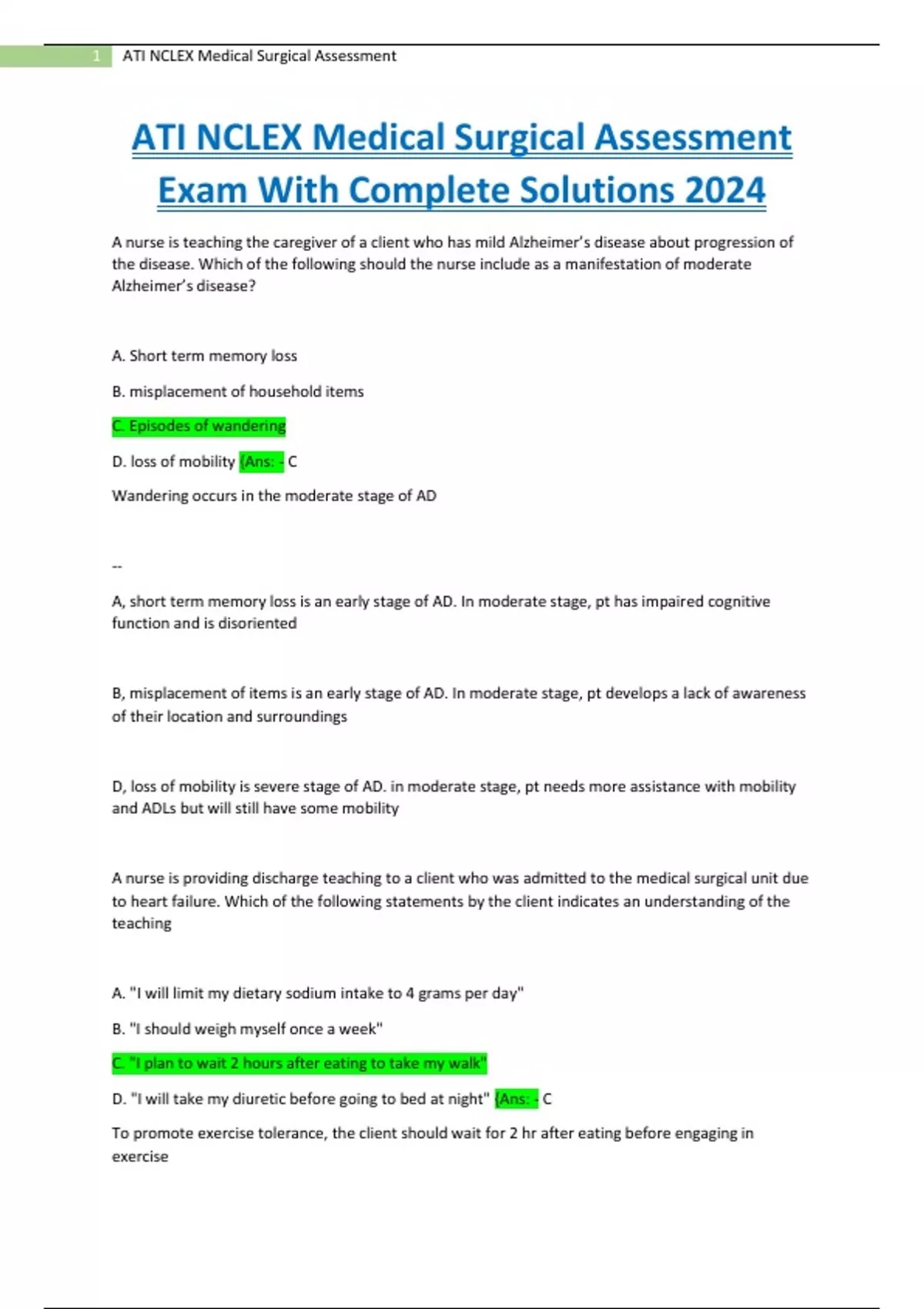 ATI NCLEX Medical Surgical Assessment Exam With Complete Solutions 2024 ...