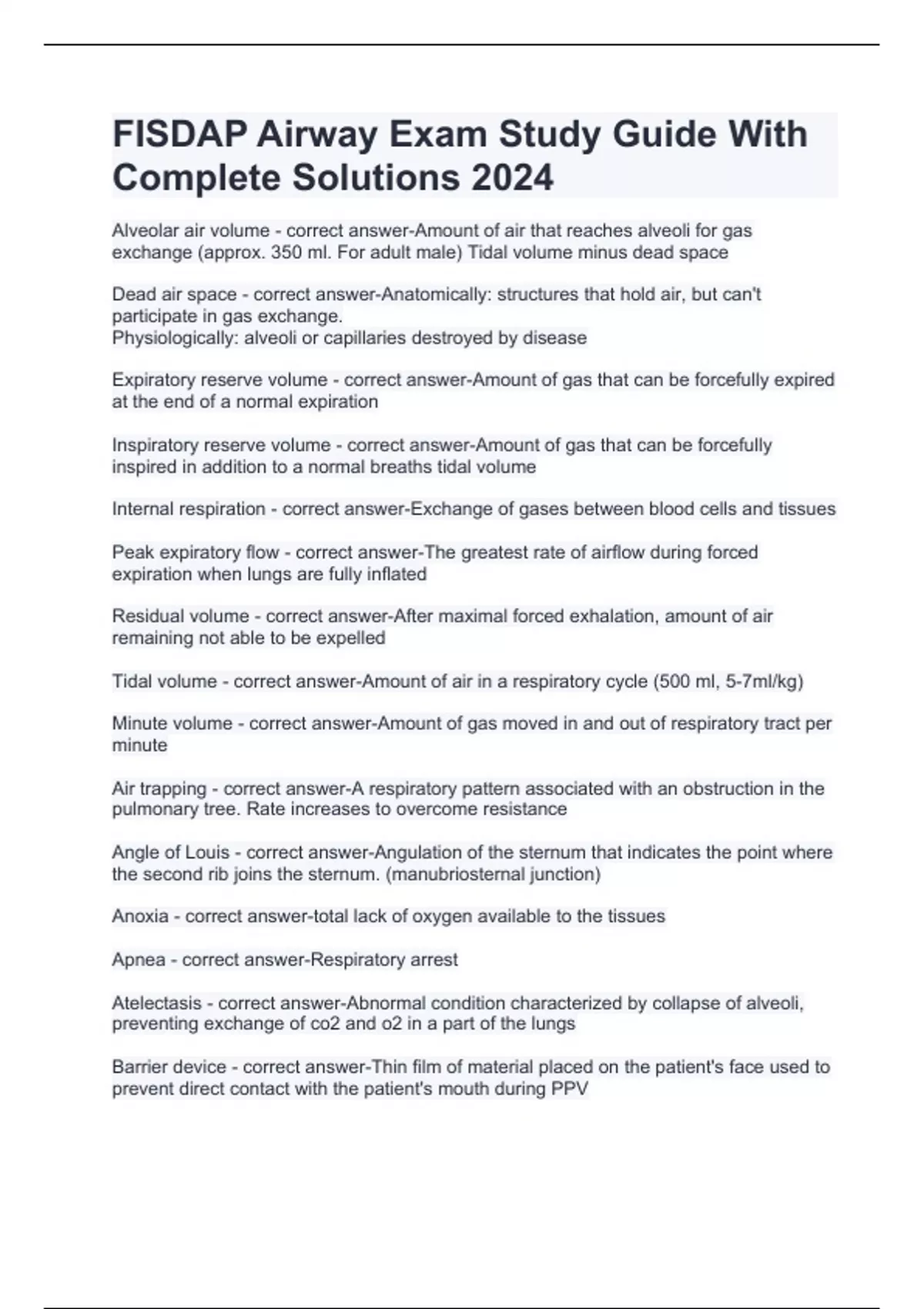 FISDAP Airway Exam Study Guide With Complete Solutions 2024 - FISDAP Airway - Stuvia US