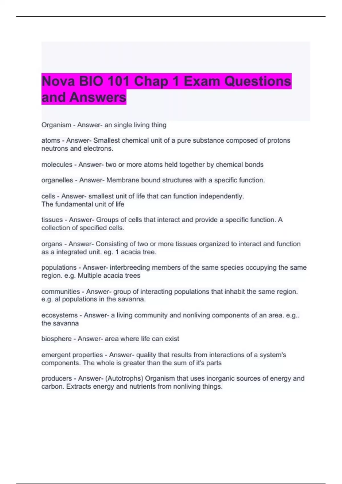 Nova BIO 101 Chap 1 Exam Questions and Answers - BIO 101 - Stuvia US