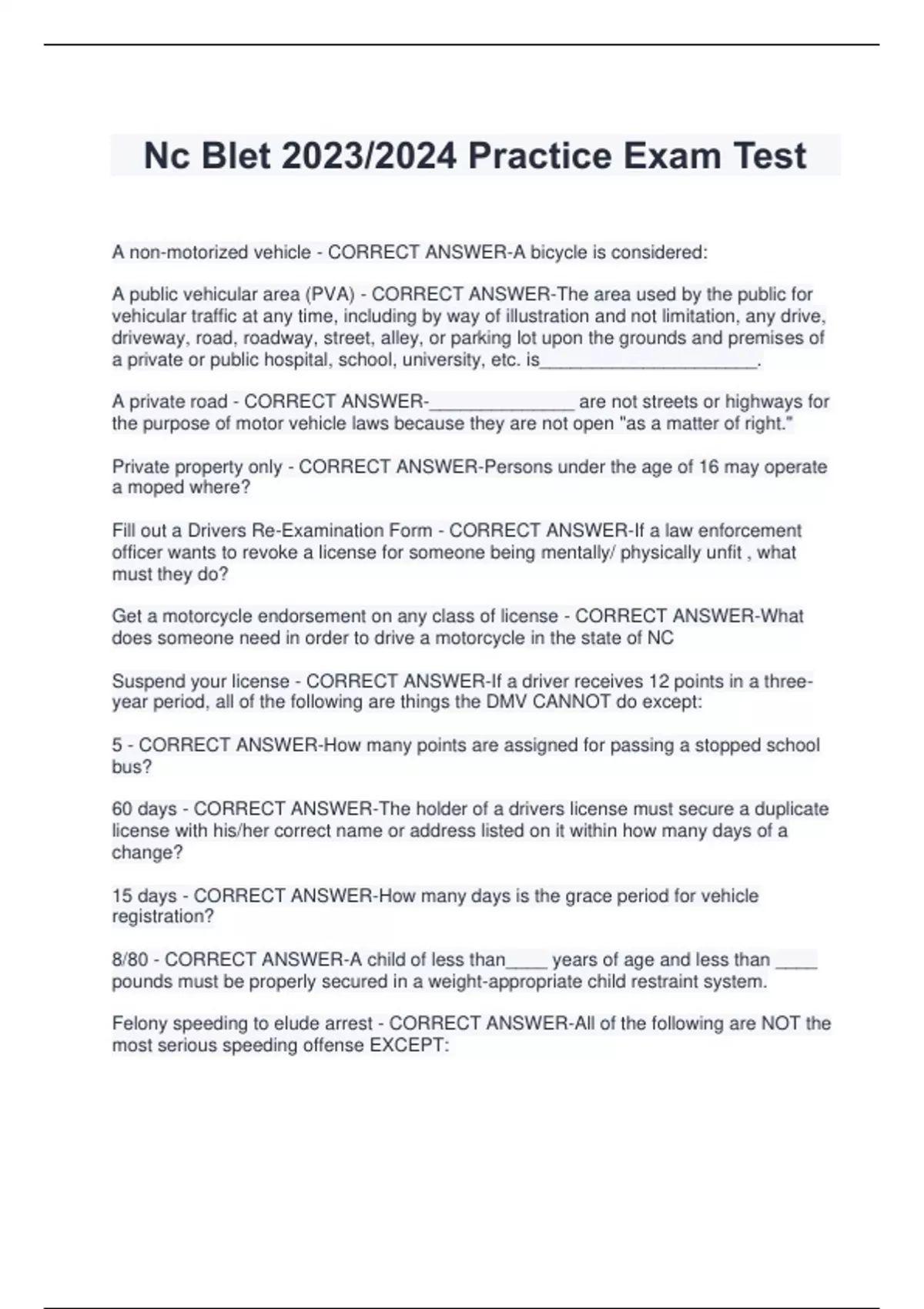 Nc Blet 2023/2024 Practice Exam Test - Nc blet - Stuvia US
