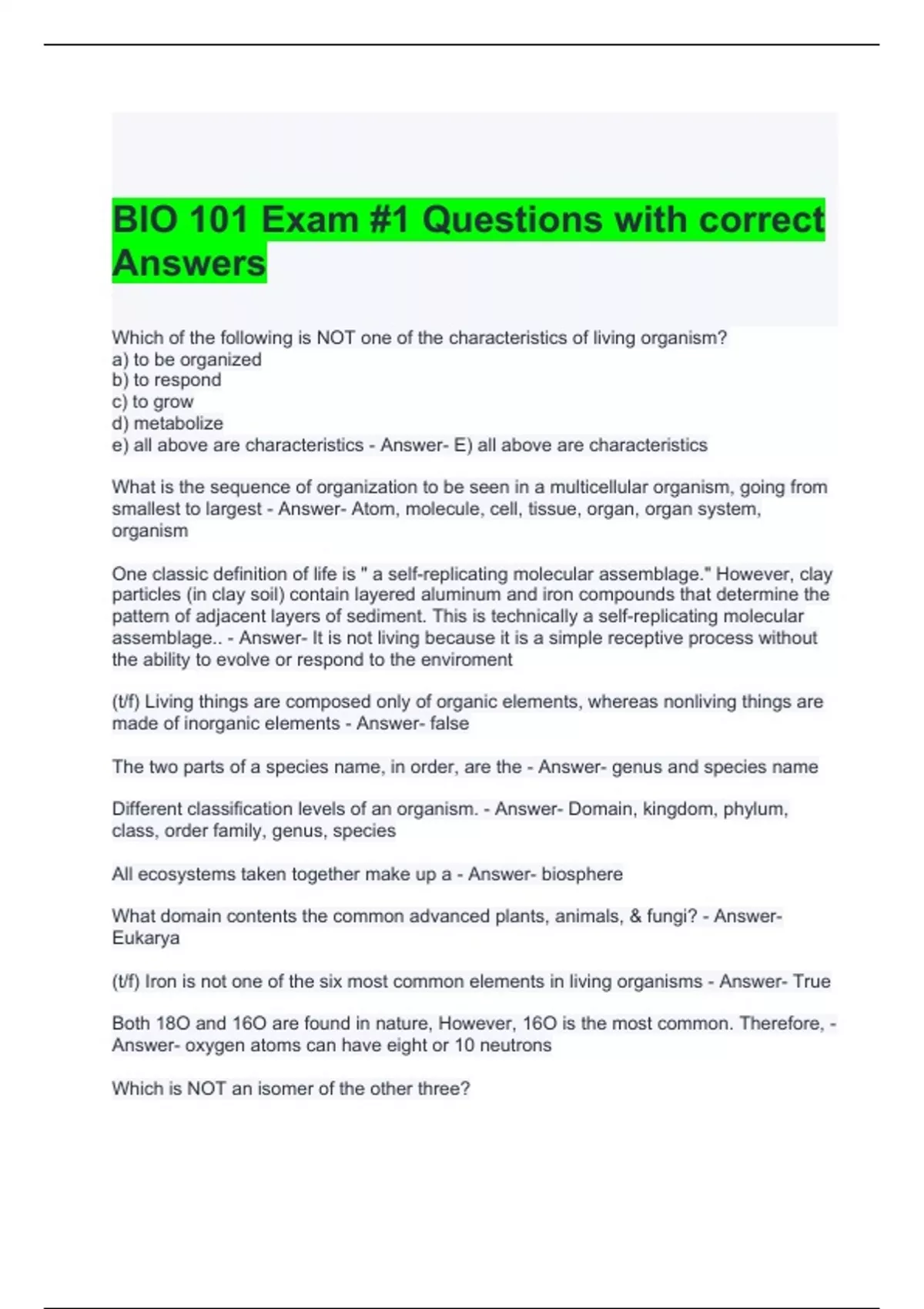 BIO 101 Exam #1 Questions with correct Answers - BIO 101 - Stuvia US