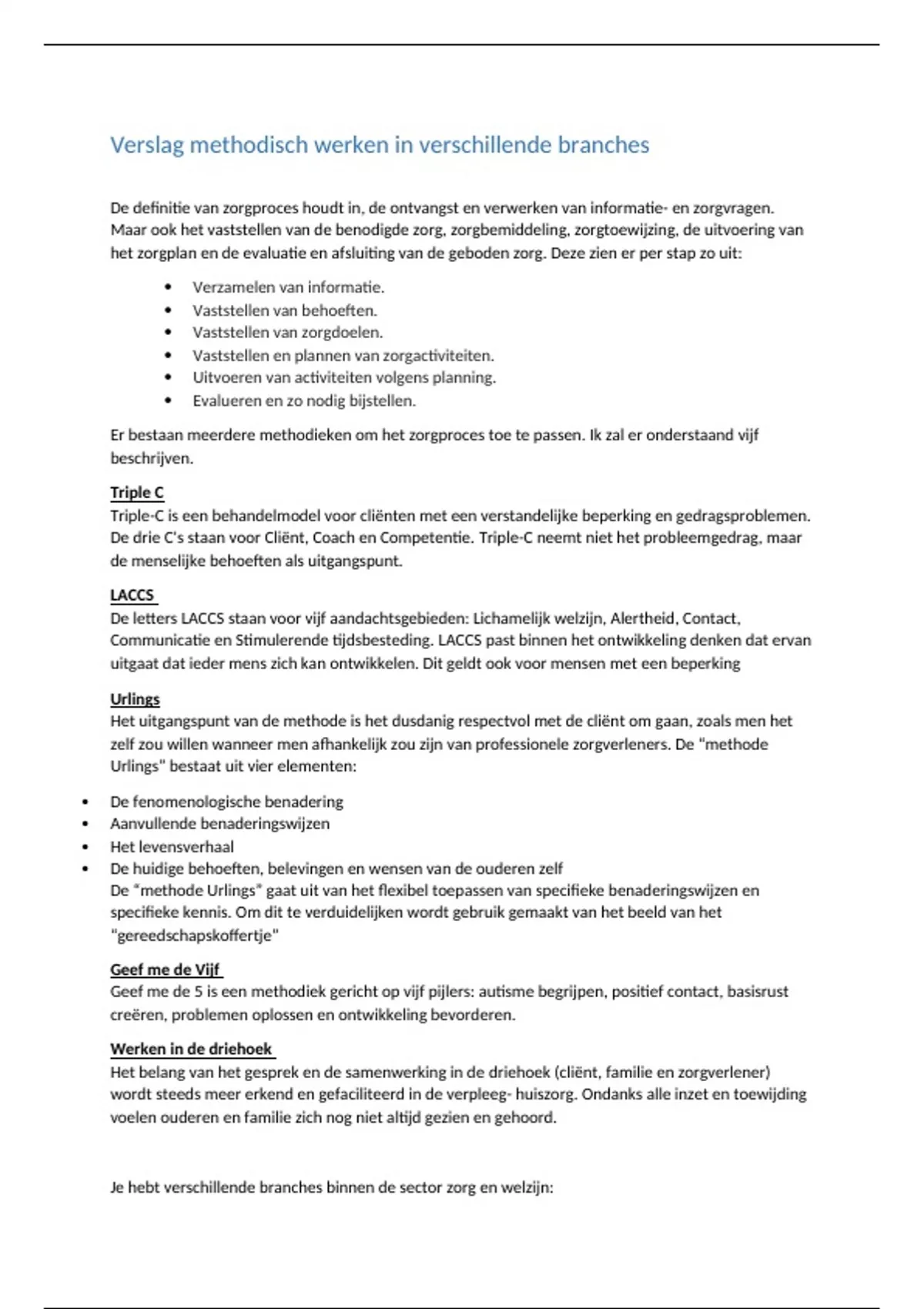 Samenvatting Verslag methodisch werken inclusief Zorgplan voorbeeld ...