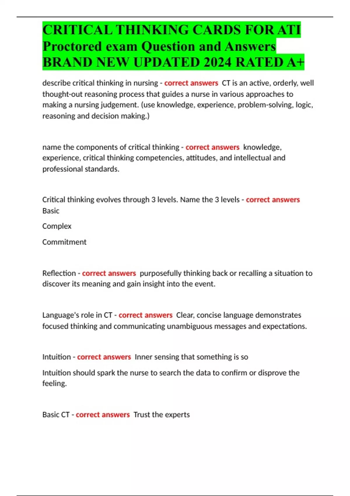 CRITICAL THINKING CARDS FOR ATI Proctored exam Question and Answers ...
