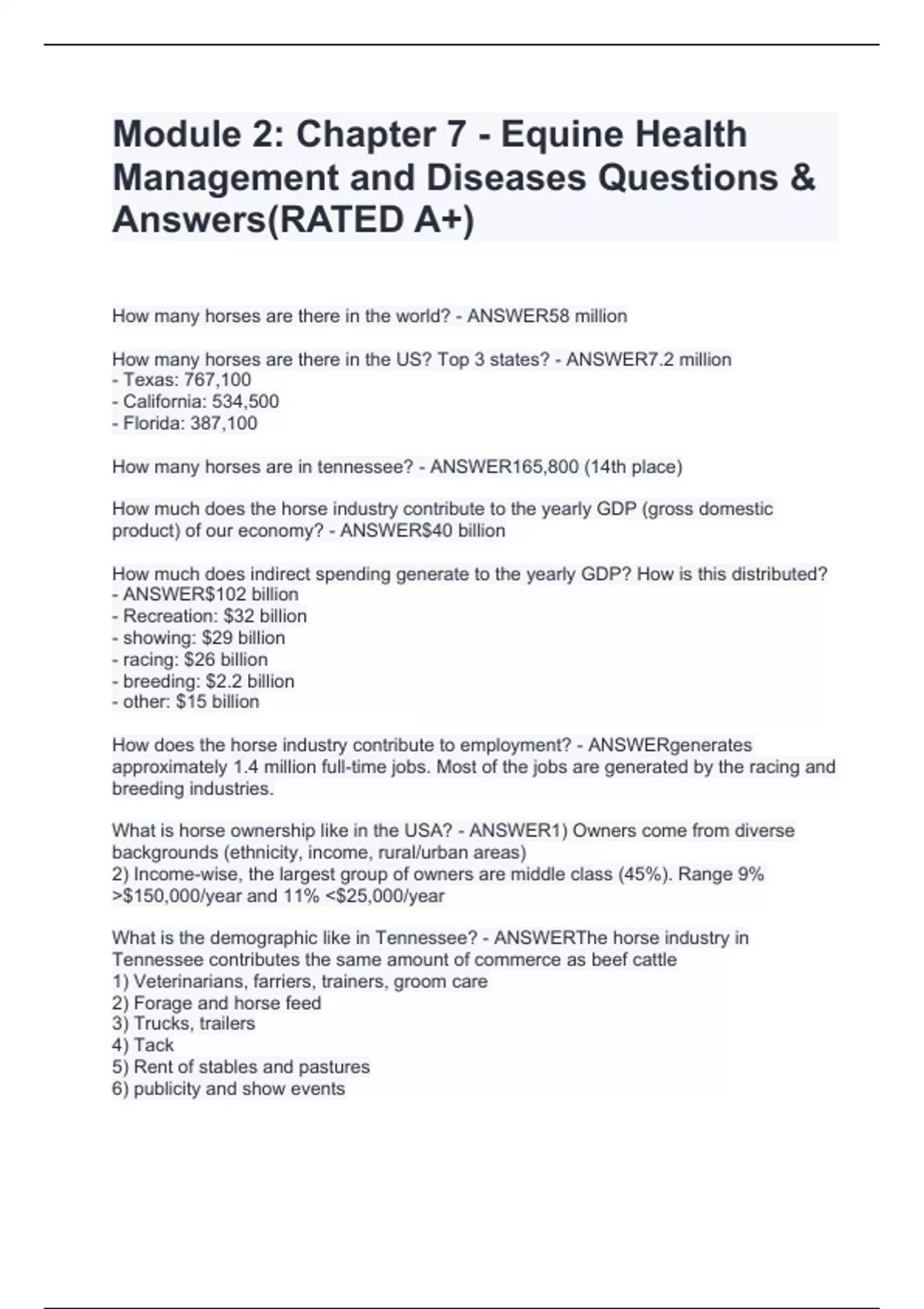 Module 2: Chapter 7 - Equine Health Management and Diseases Questions & Answers(RATED A+ ...