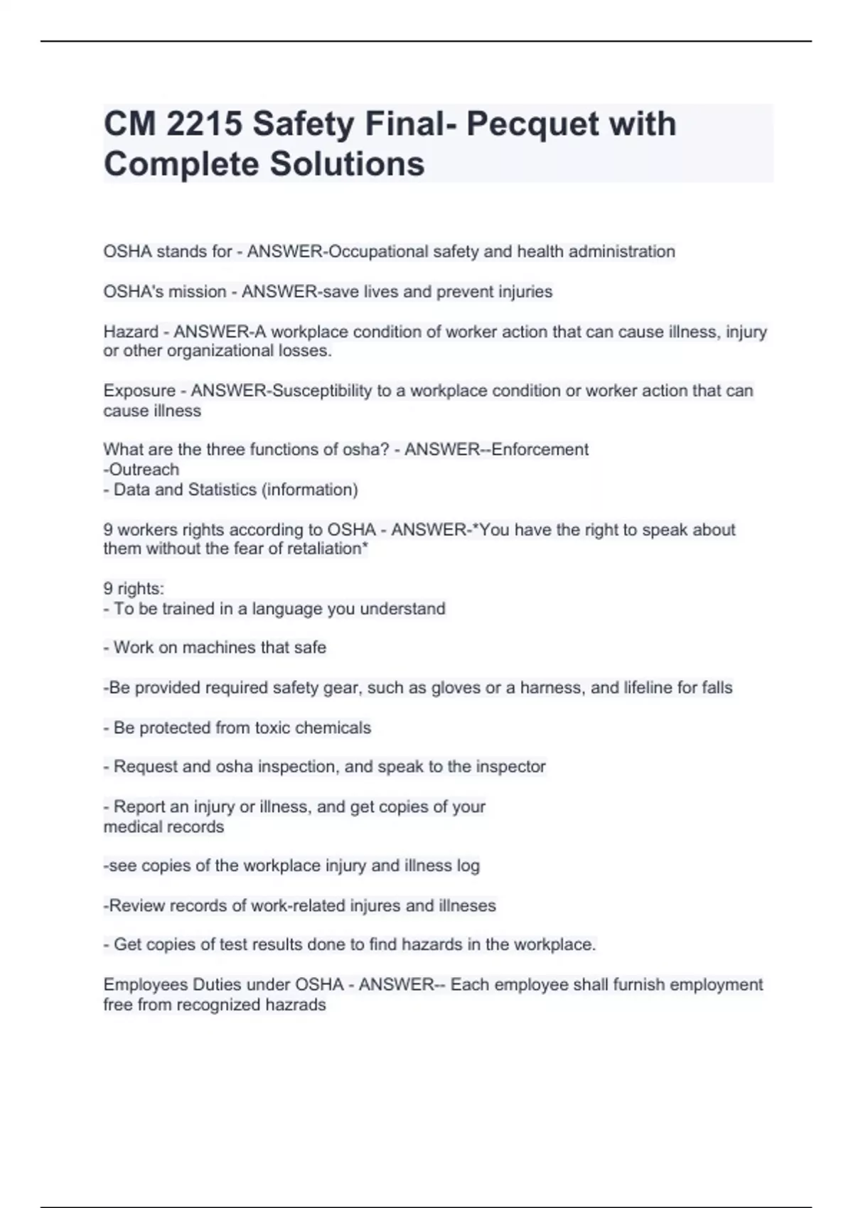 CM 2215 Safety Final- Pecquet with Complete Solutions - CM 2215 Safety ...