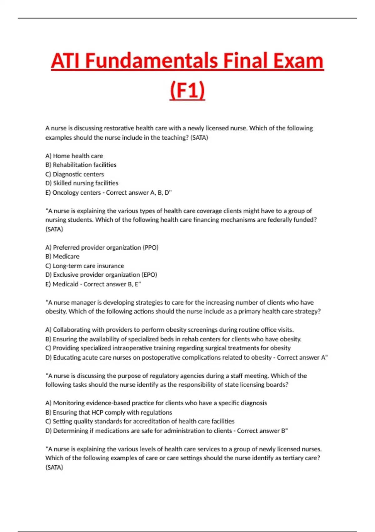 ATI Fundamentals Final Exam Questions and Answers. Graded A+ - ATI ...