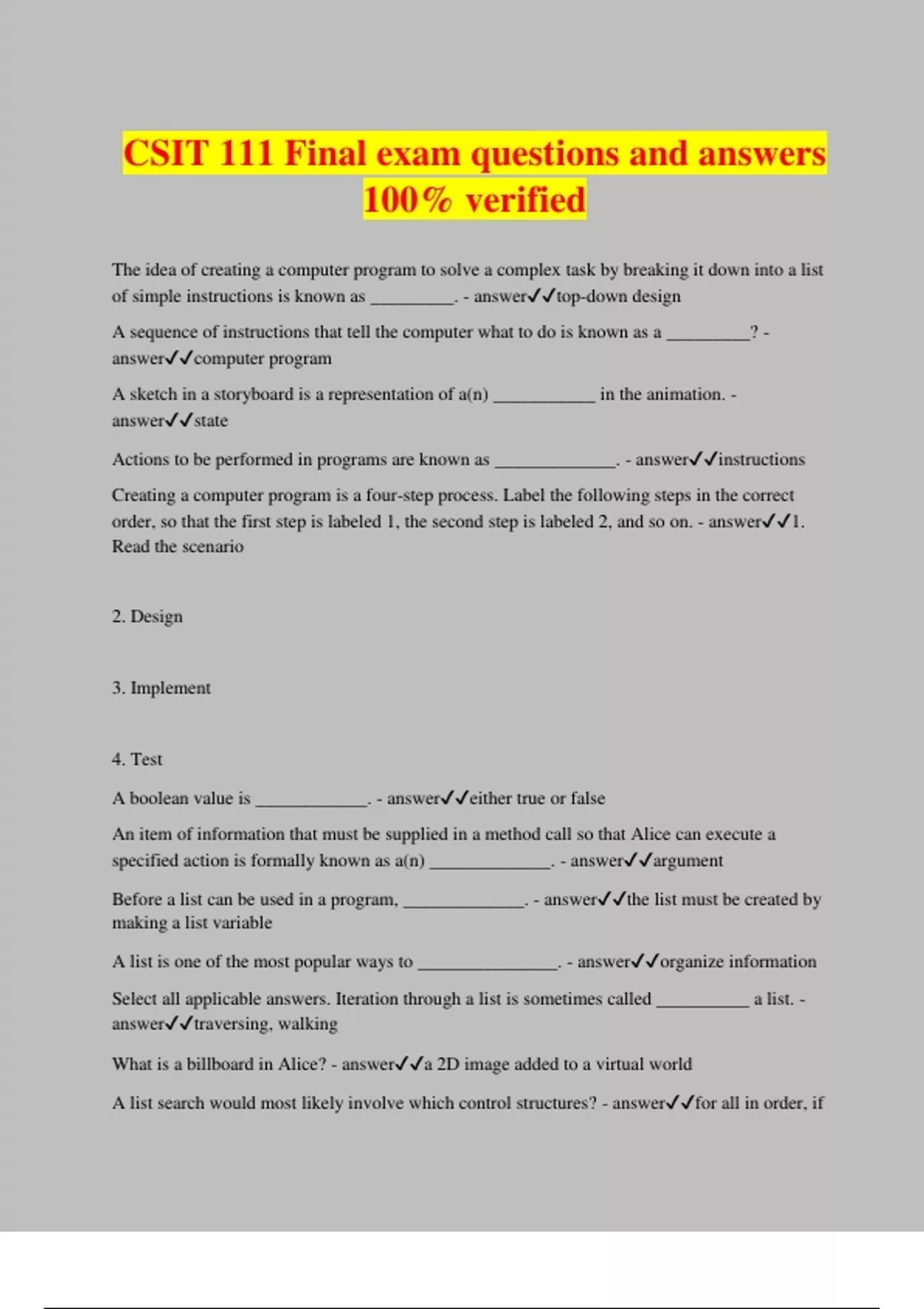 CSIT 111 Final exam questions and answers 100% verified - CSIT - Stuvia US