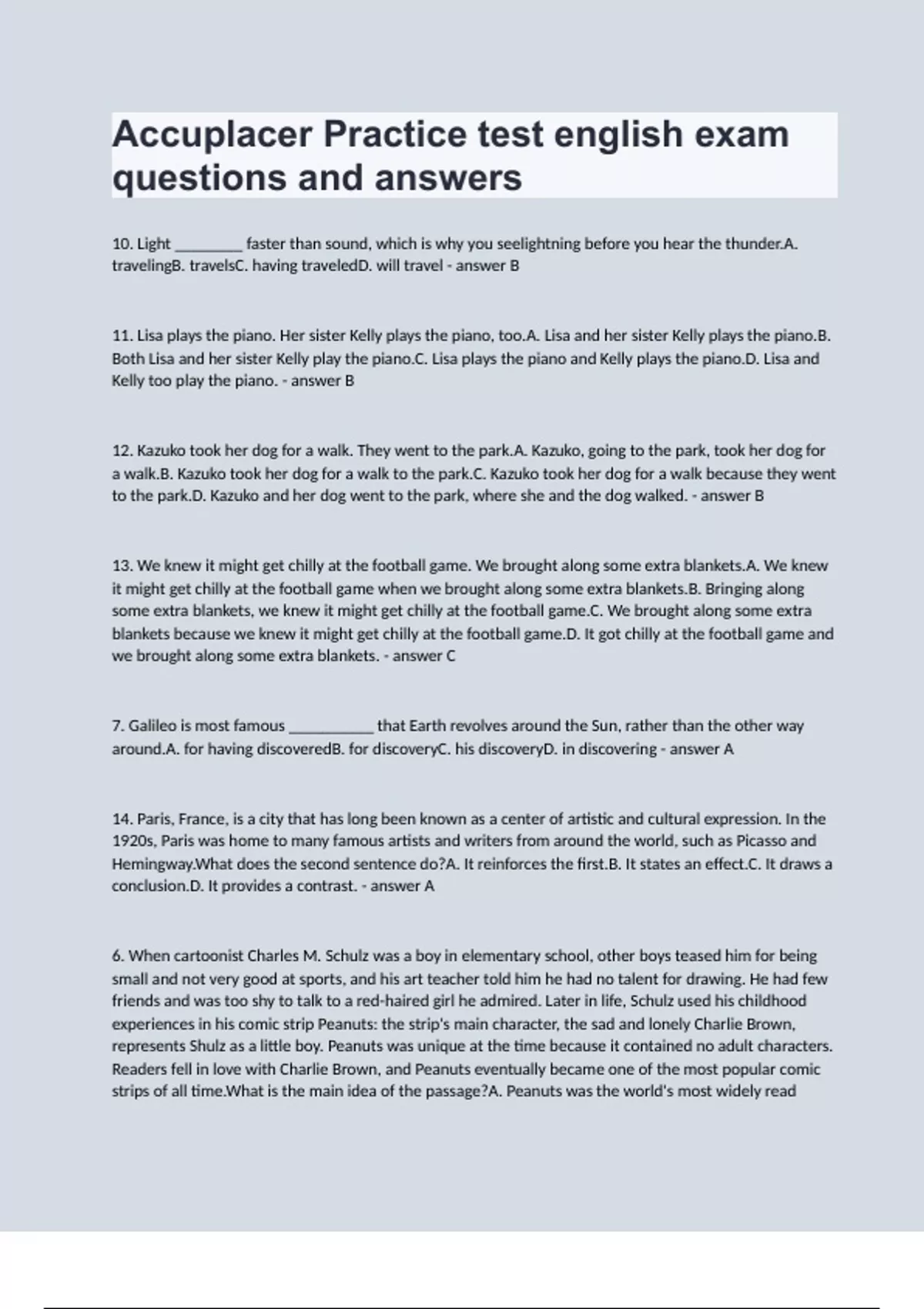 Accuplacer Practice test english exam questions and answers ...