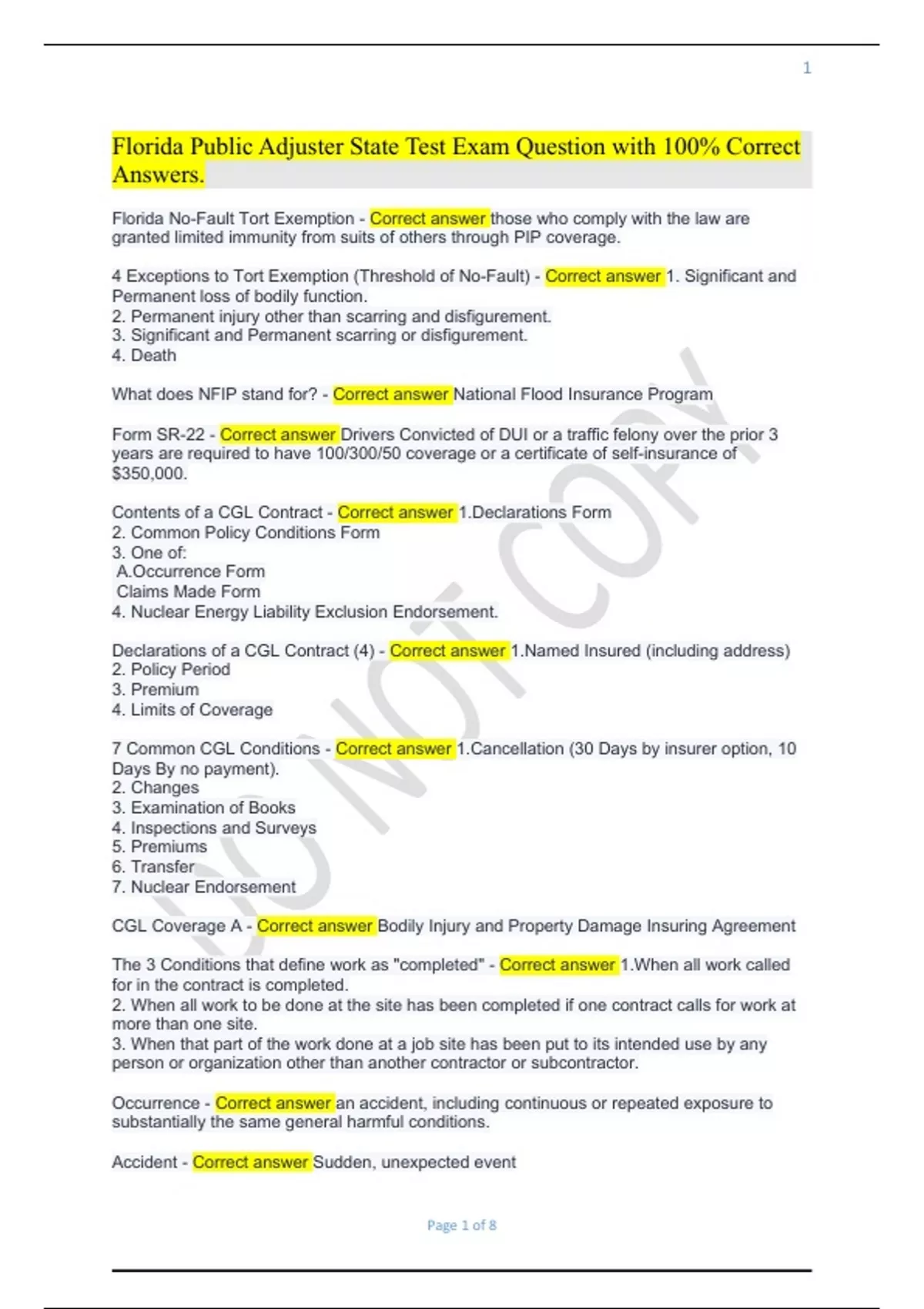 Florida Public Adjuster State Test Exam Question with 100% Correct ...