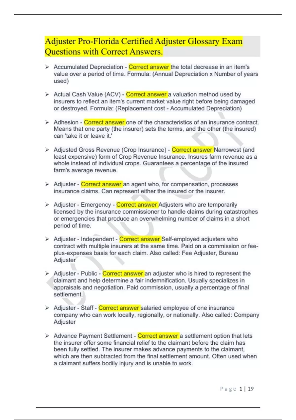 Adjuster Pro-Florida Certified Adjuster Glossary Exam Questions with ...