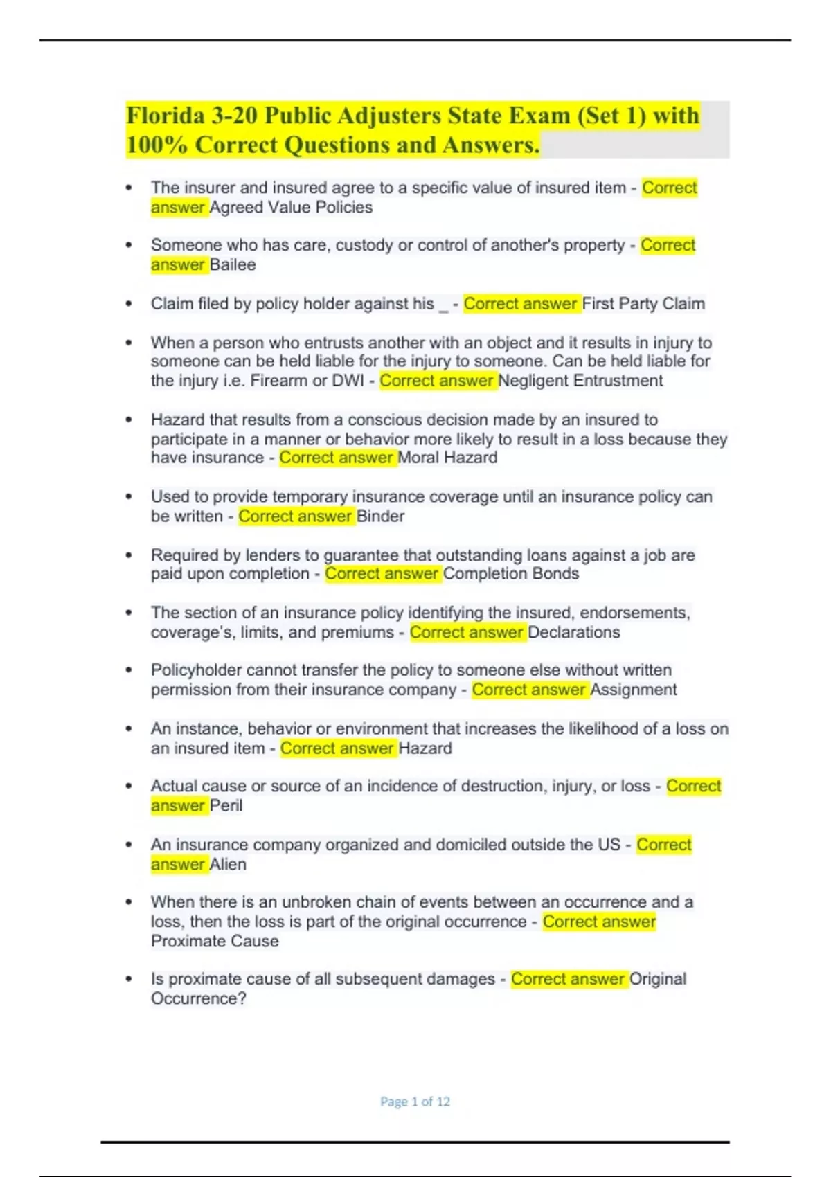 Florida 3-20 Public Adjusters State Exam (Set 1) with 100% Correct ...