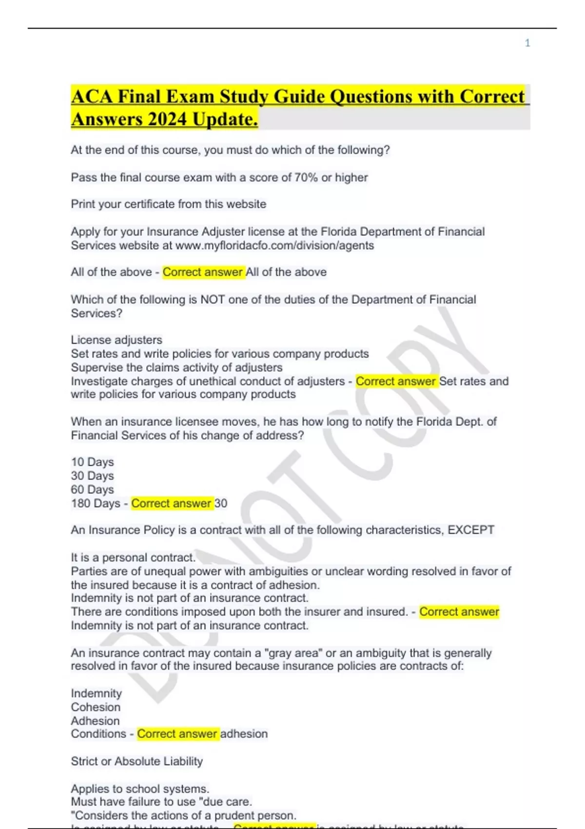 ACA Final Exam Study Guide Questions with Correct Answers 2024 Update - Florida 3-20 - Stuvia US