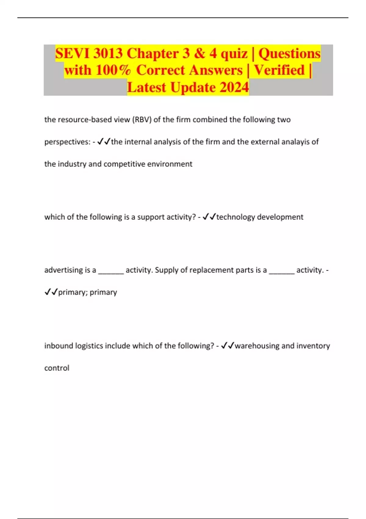 SEVI 3013 Chapter 3 & 4 quiz | Questions with 100% Correct Answers ...